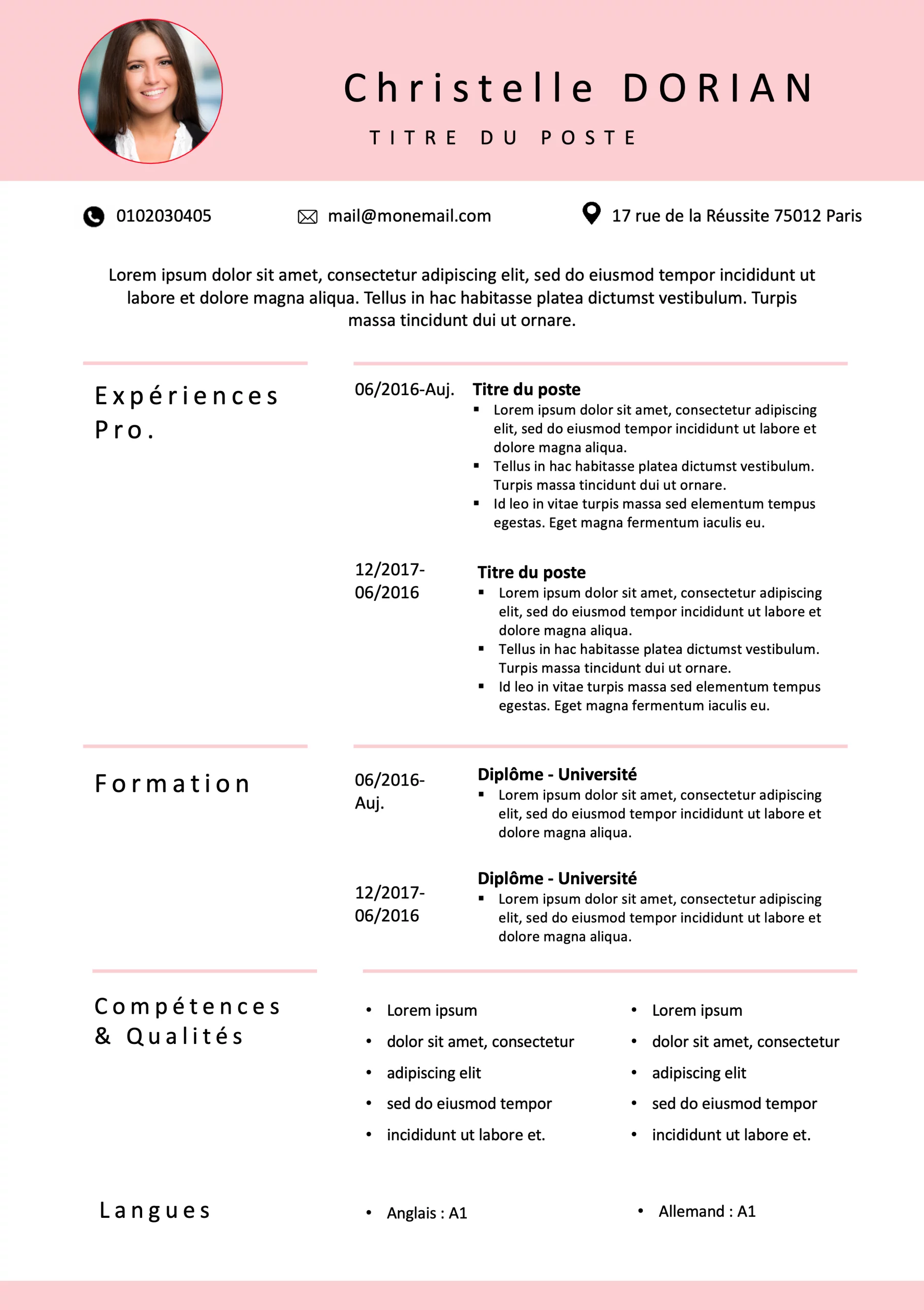 Modèle de CV Pink Rose | Gratuit à Télécharger