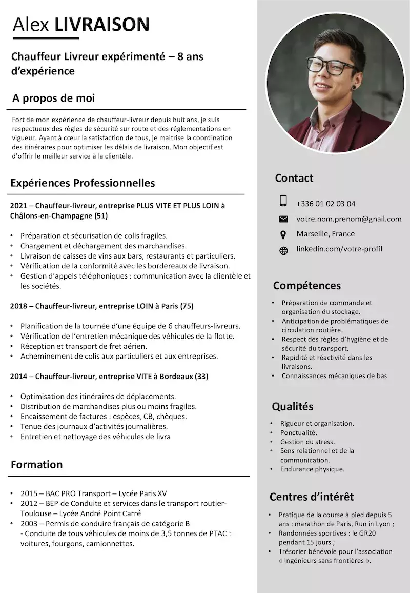 Exemple de CV : Chauffeur Livreur [GRATUIT]