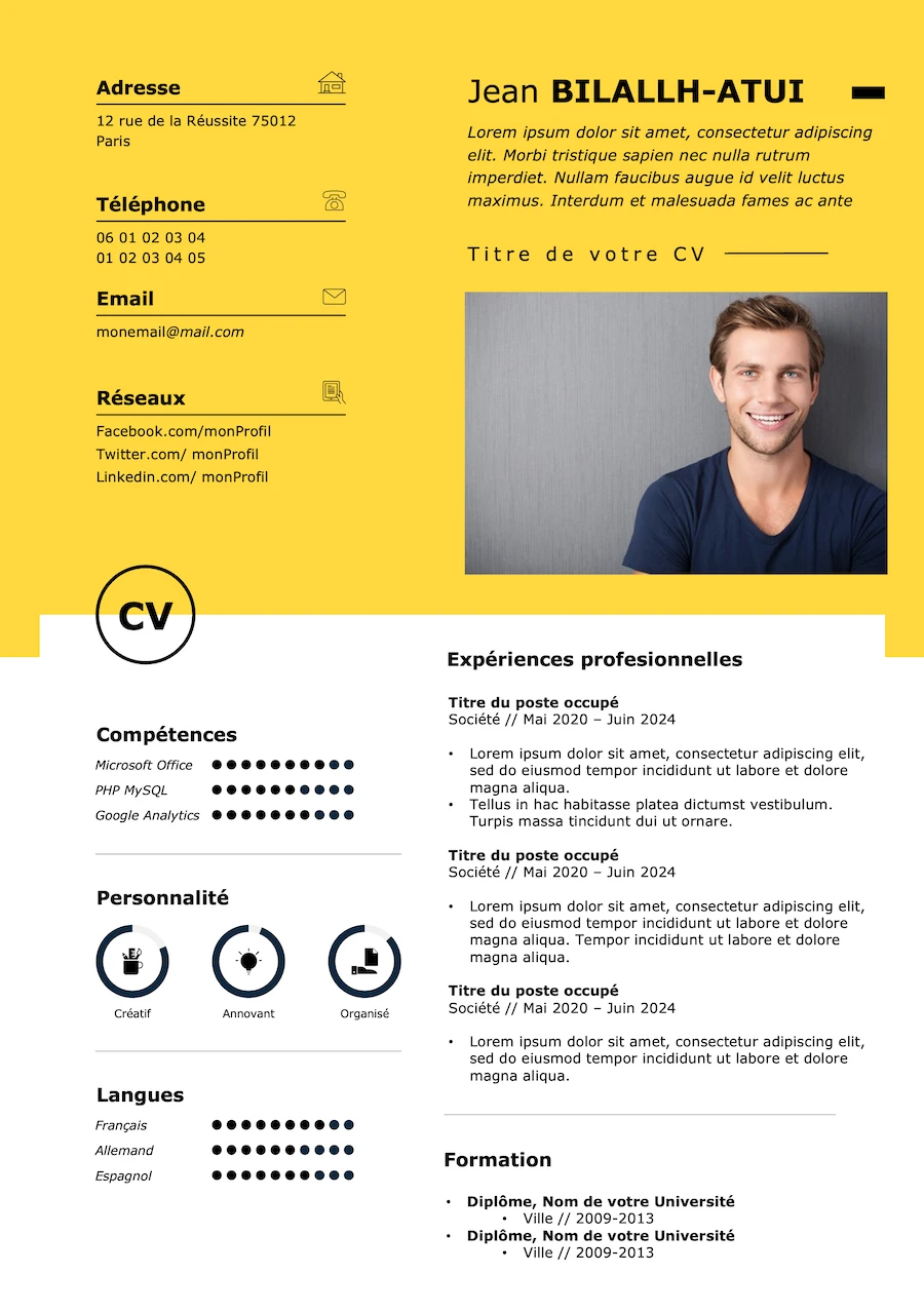 Modèle de CV Jaune | Gratuit à Télécharger