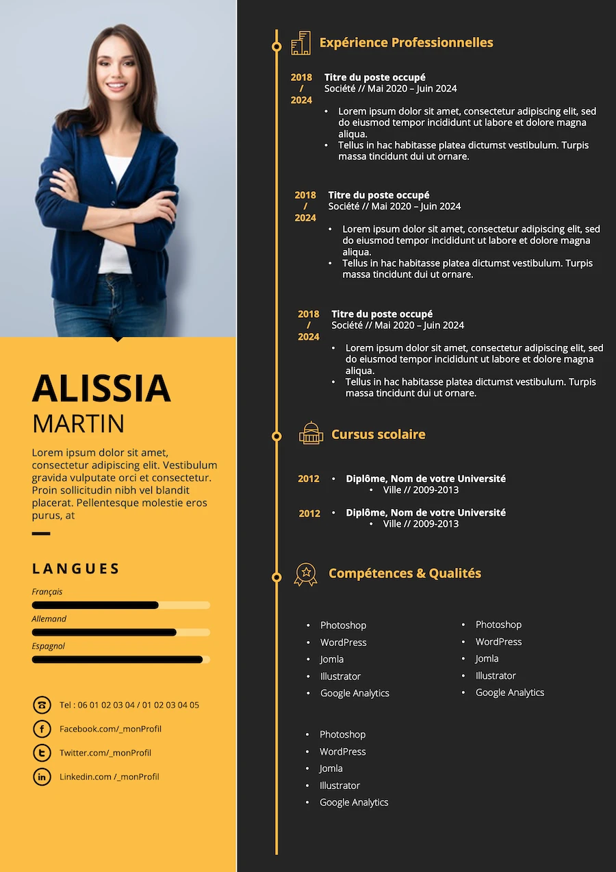 Modèle de CV Noir et Jaune | Gratuit à Télécharger