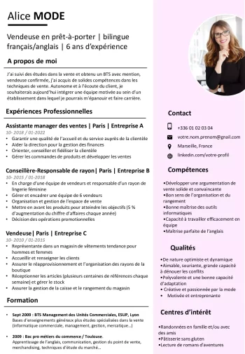 Exemple de CV : Vendeuse Prêt-à-porter [GRATUIT]